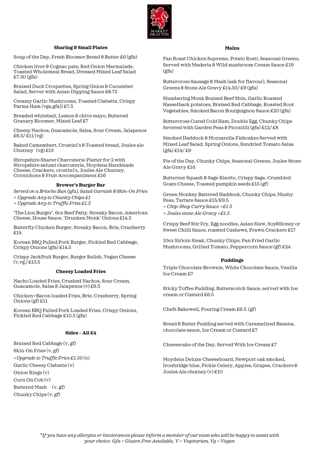 Our Menu – The Red Lion
